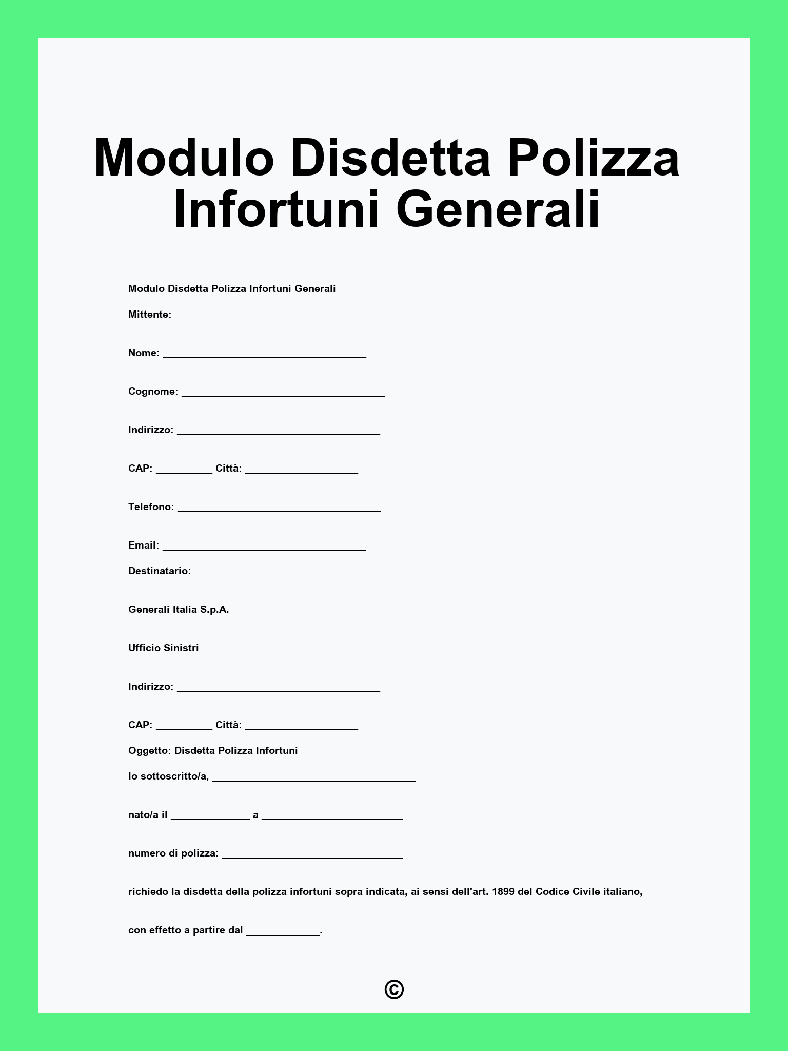 Modulo Disdetta Polizza Infortuni Generali